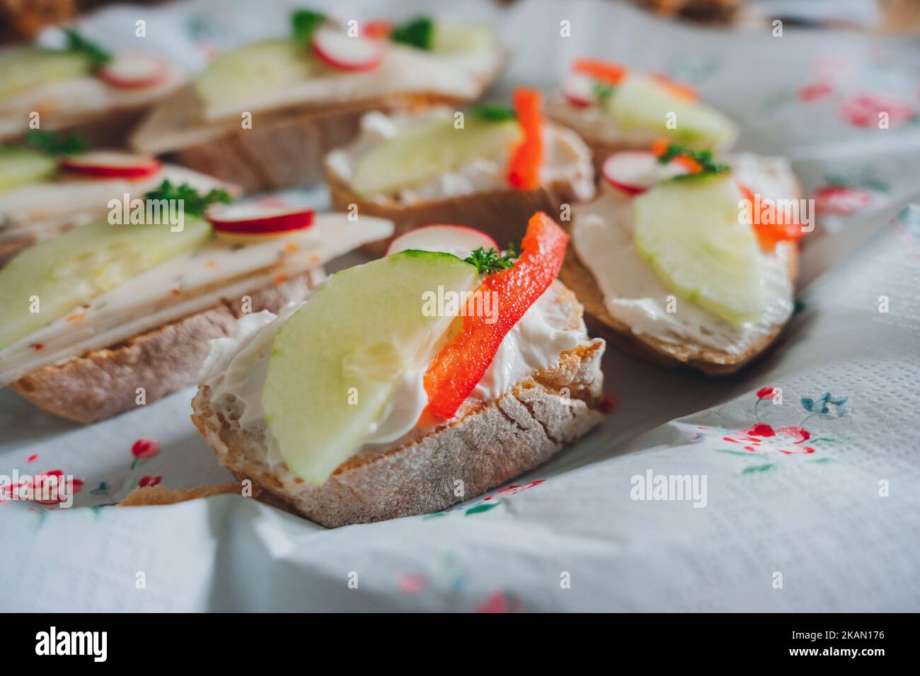 A closeup shot of small canapes arranged on a plate for an event Stock ...
