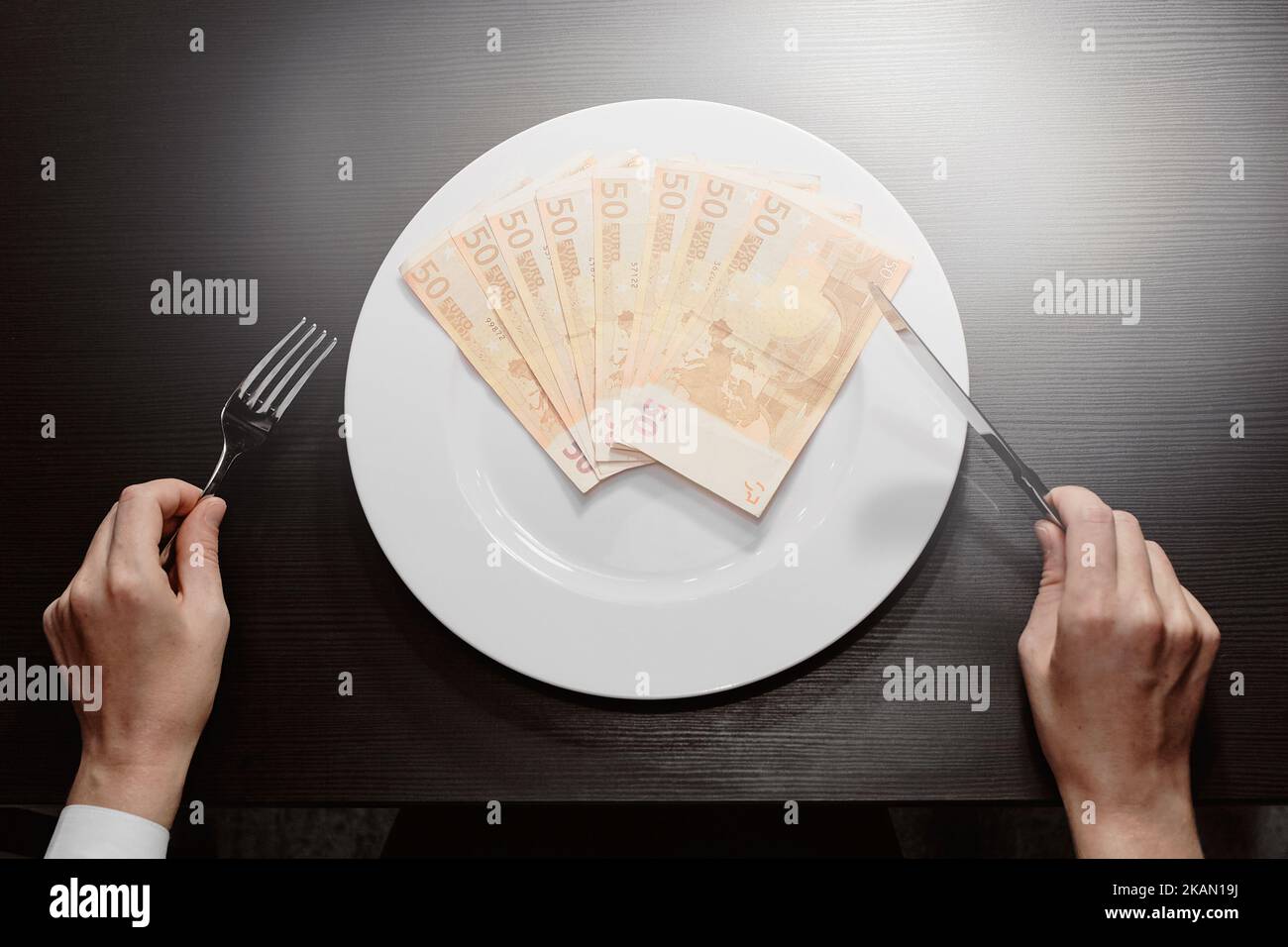 Money on a plate with a fork and knife. Euro banknotes. Wealth and the ...