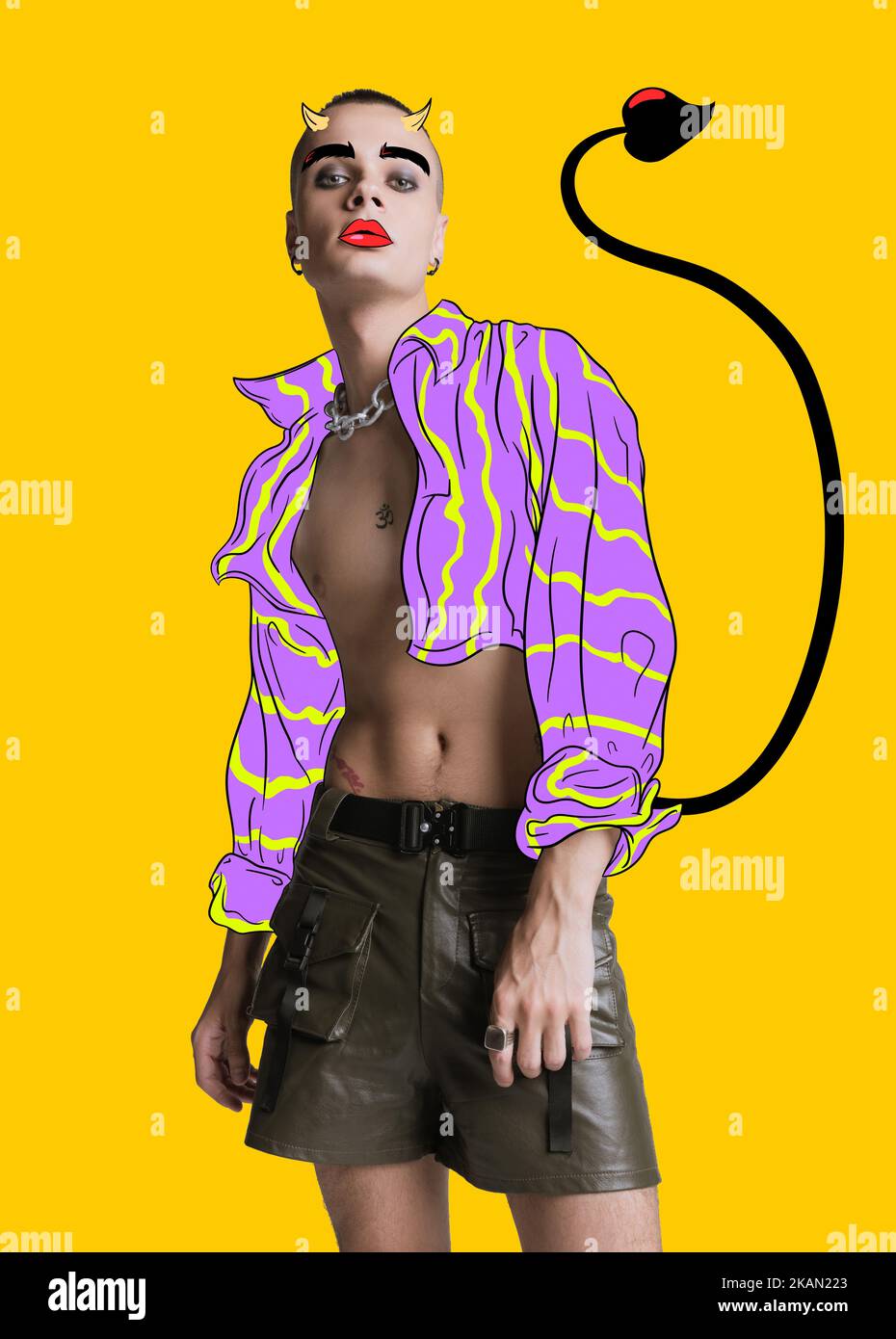 Contemporary art collage. Creative design. Stylish man with drawn shirt ...