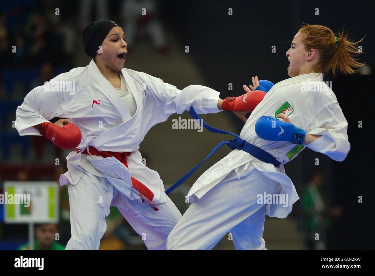 Imane Taleb of Algeria and Radwa Radwan of Egypt compete in Women's Kumite -50kg for the bronze ...