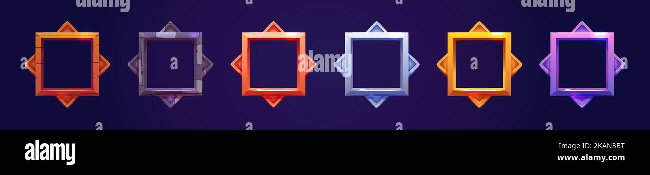 Set of square avatar or rank frames for game ui. Textured wooden, stone ...