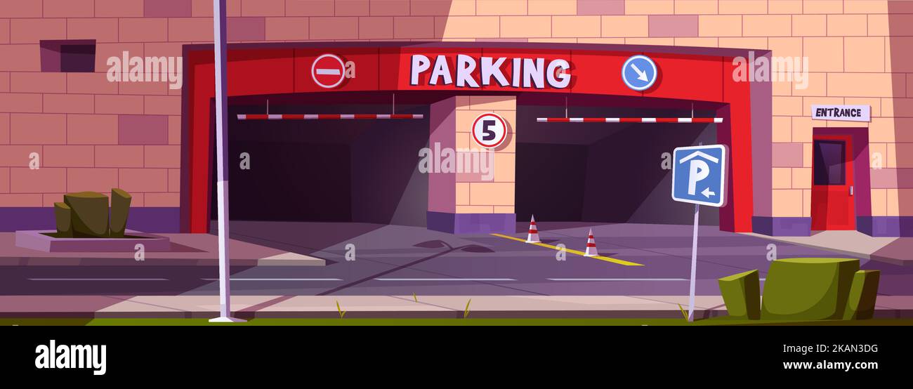 Barrier parking entrance, mall underground garage facade outside view ...