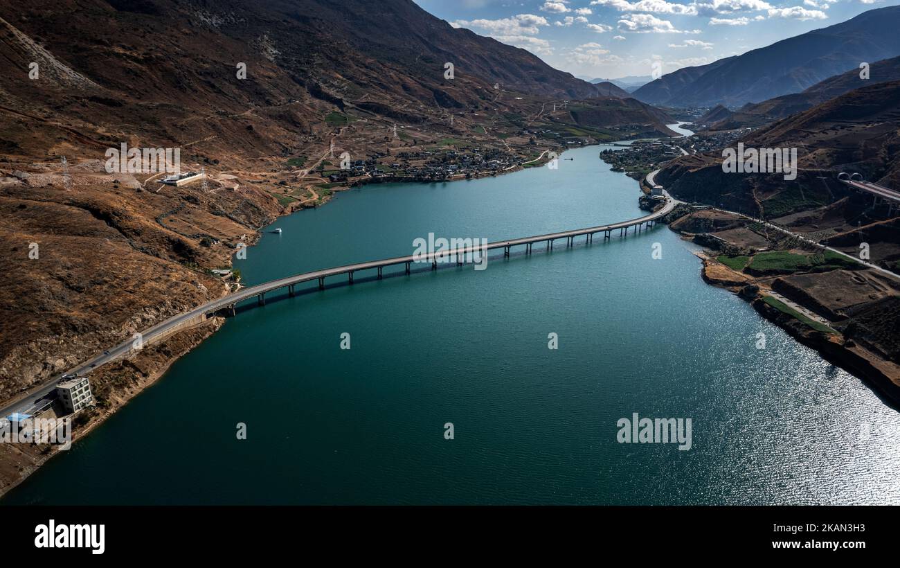 An aerial view of a bridge on the Jinsha River in Lijiang, Yunnan ...