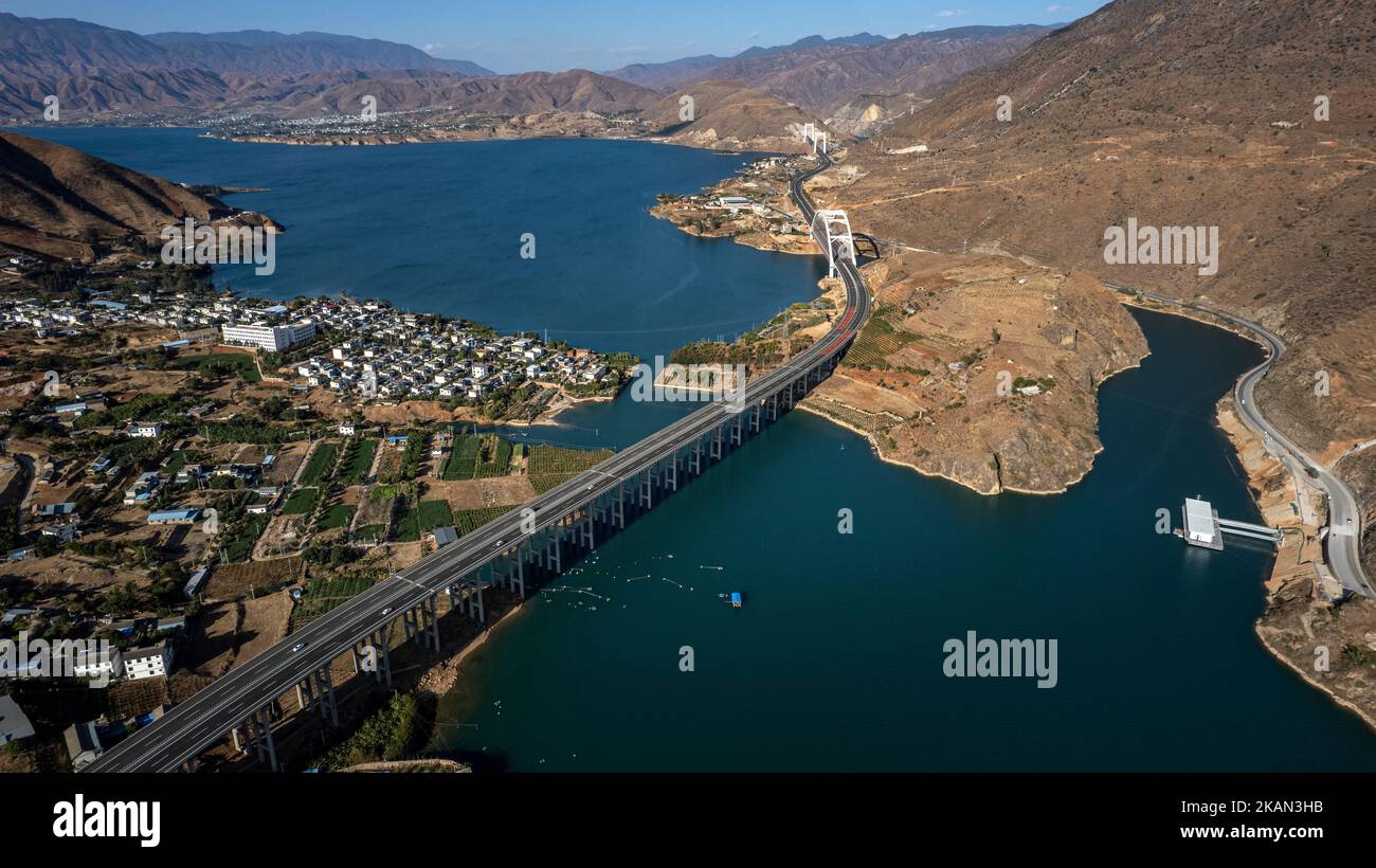 An aerial view of a bridge on the Jinsha River in Lijiang, Yunnan ...