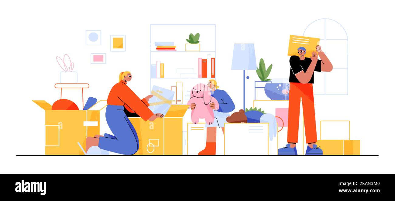 Happy family moving into new house, people relocation. Mother, father ...