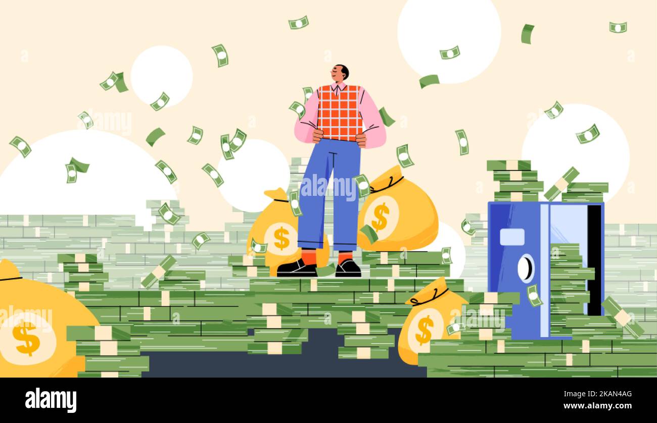 Rich man standing under money rain. Millionaire or successful ...