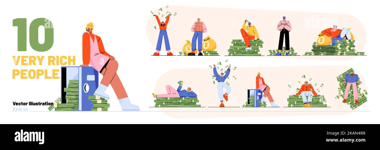 Set of very rich people with lots of money isolated on white. Flat ...