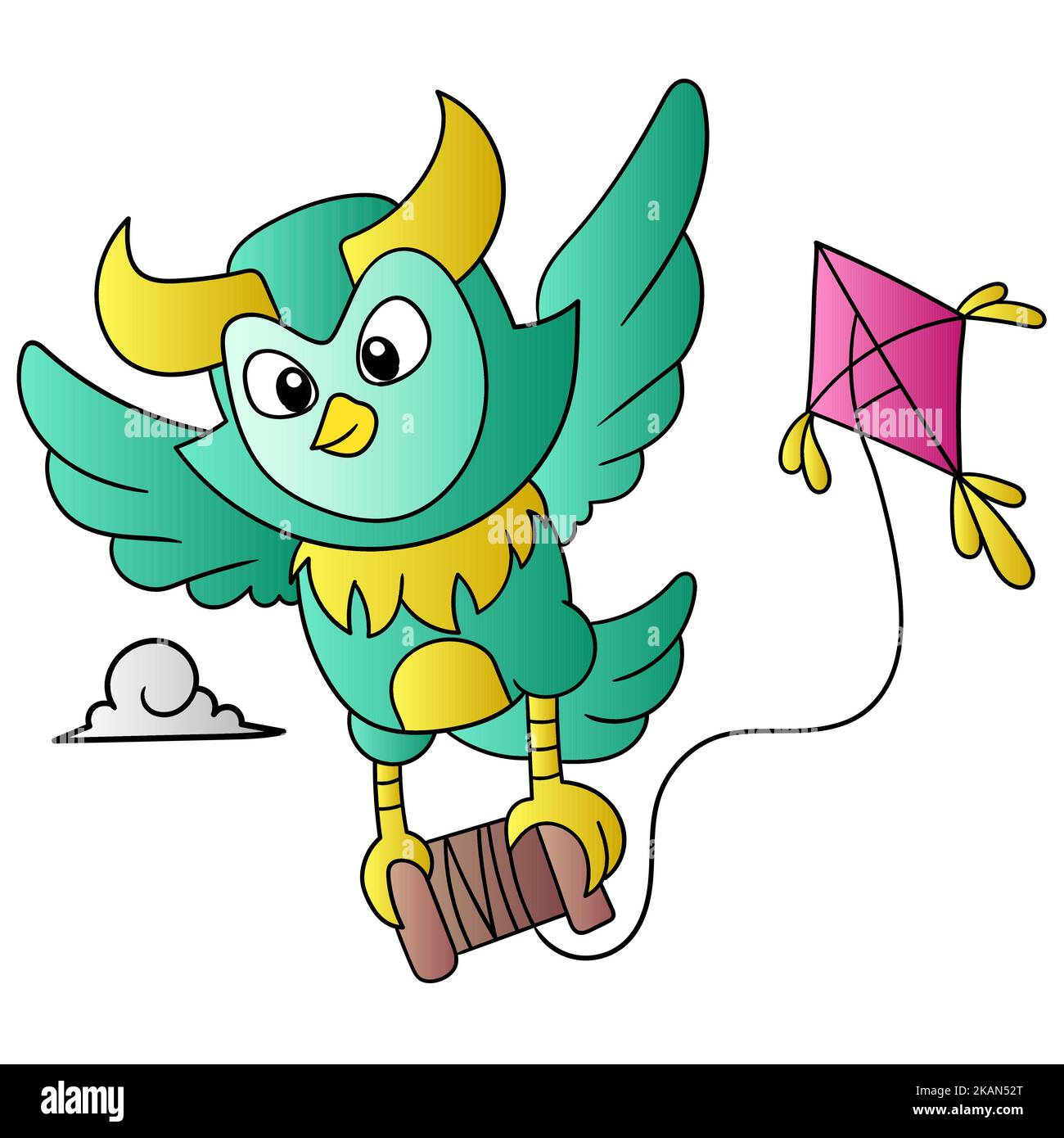 A cute doodle of a green owl cartoon character flying a kite and ...