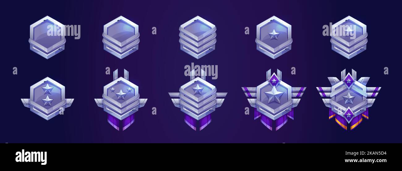 Set of game rank icons isolated on dark blue background. Collection of ...