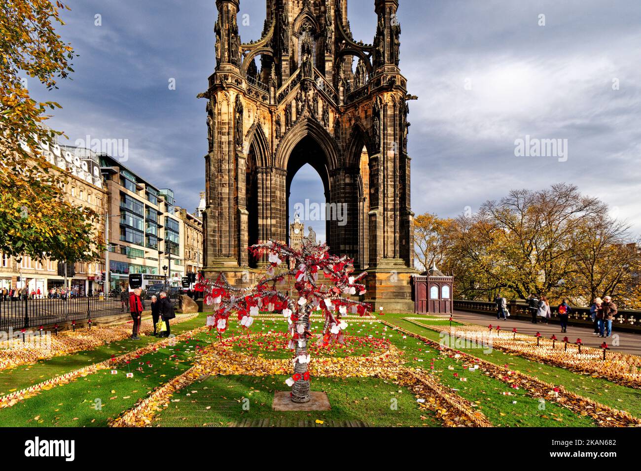 Edinburgh Scotland Princes Street Poppy Tree wooden crosses and red ...