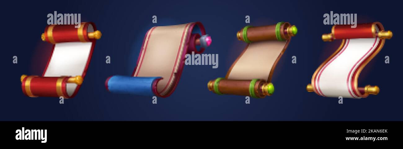 Cartoon set of magic parchment paper scrolls isolated on dark ...