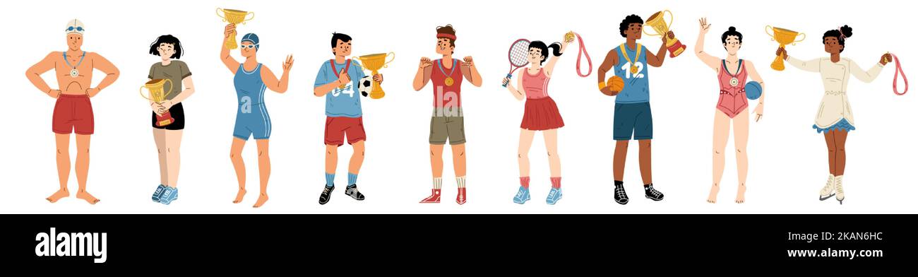Happy athletes winners in sport competition with gold medals and cups ...