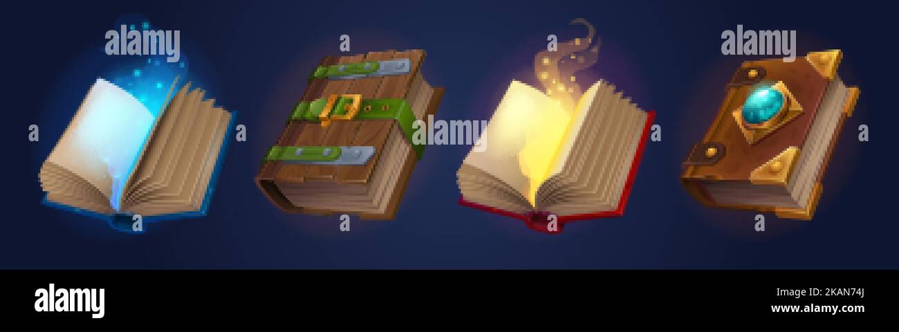 Magic spell books, fantasy alchemy grimoires, closed and open wizard ...