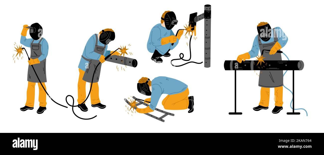 Welder, construction worker in safety mask repairs pipes. Man in helmet ...