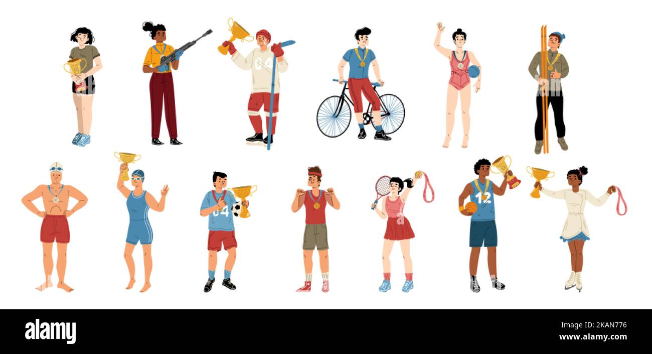 Sport athletes champions with gold medals and cups. Diverse sportsmen ...