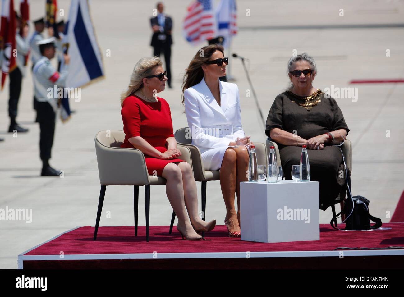 Sara Netanyahu, left, US First Lady Melania Trump, center, and Israel's ...