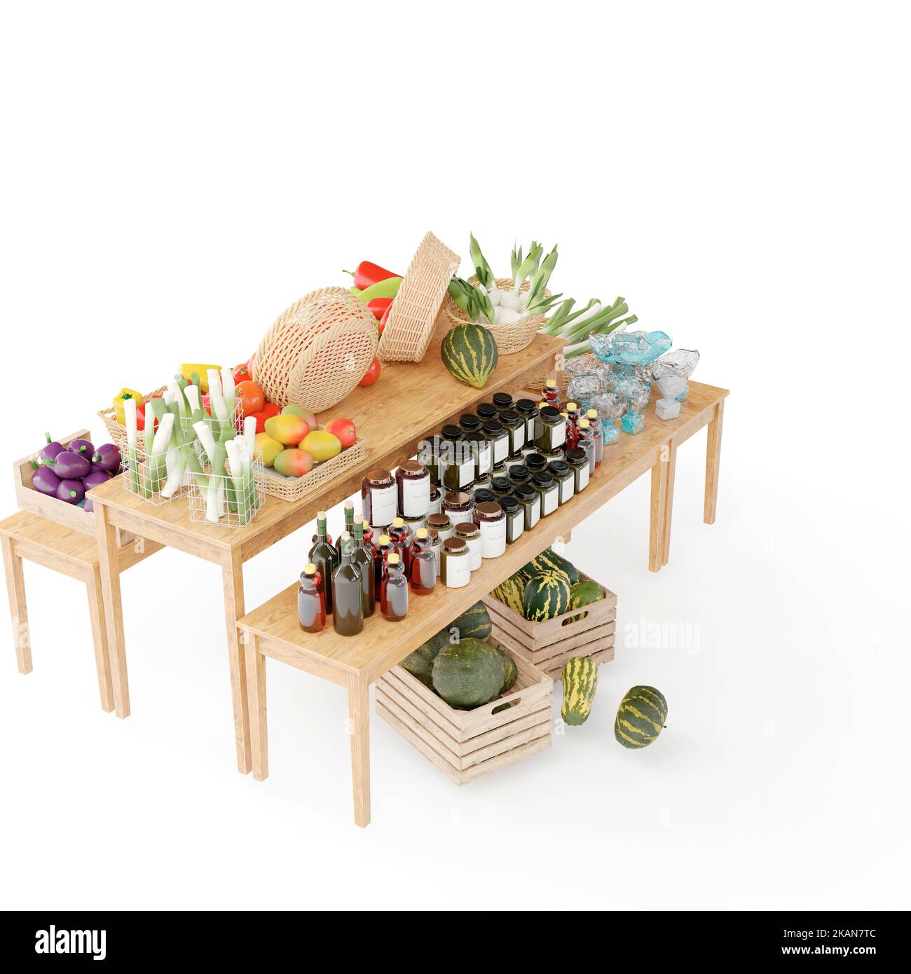 An angled shot of various 3d rendered food products on a showcase ...