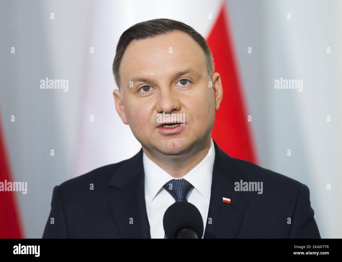 Polish President Andrzej Duda during media statements, after Singapore ...