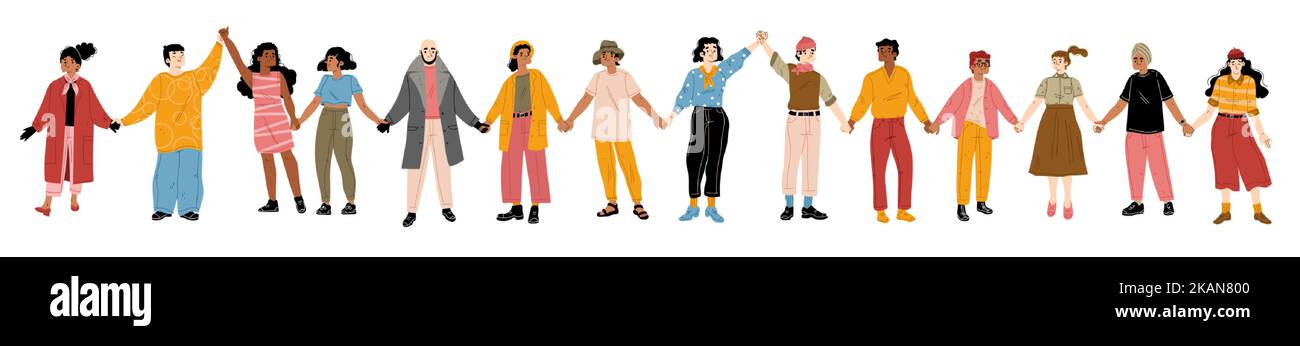 People hold hands, smiling happy men and women stand in row together ...