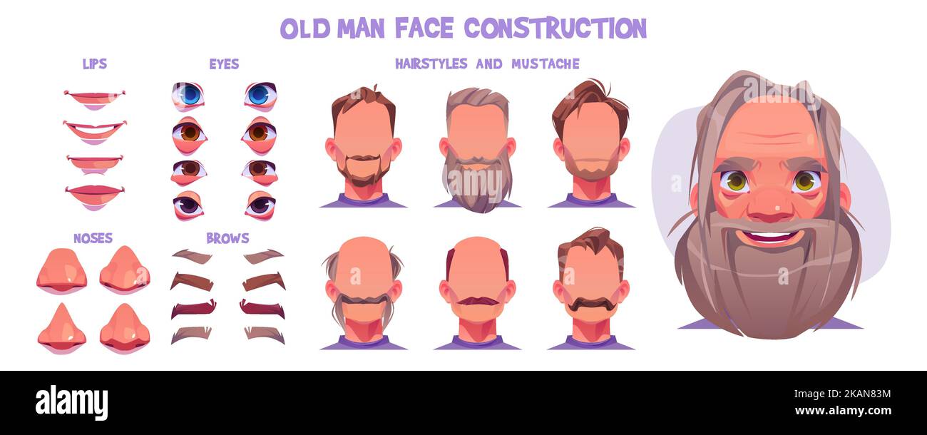 Old man face animation constructor, cartoon elderly male character ...