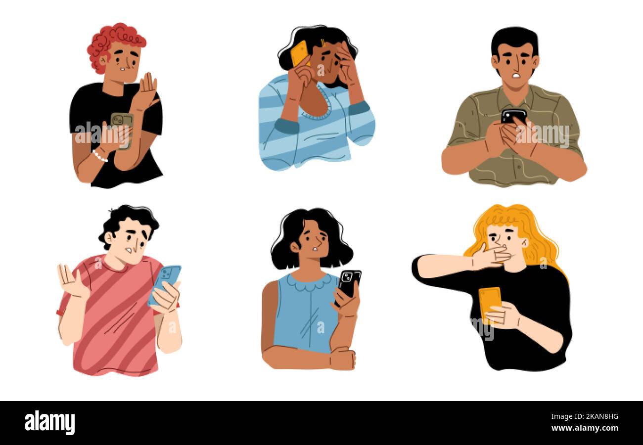 People receive bad news from mobile phone. Diverse sad, confused ...