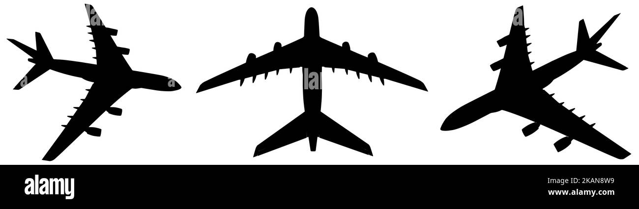 Conceptual set of three flying black passenger jetliner or commercial ...
