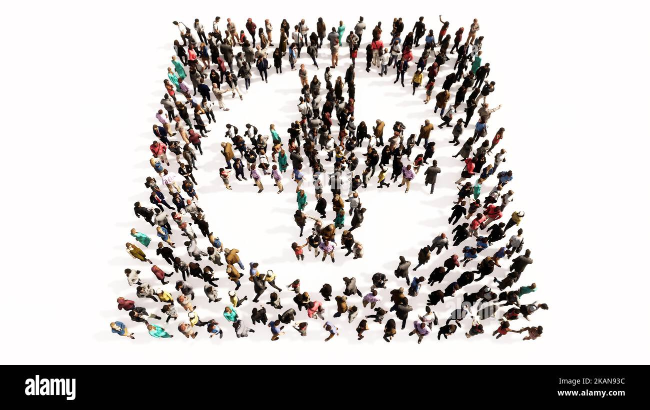 Concept or conceptual large gathering of people forming a cross sign on ...