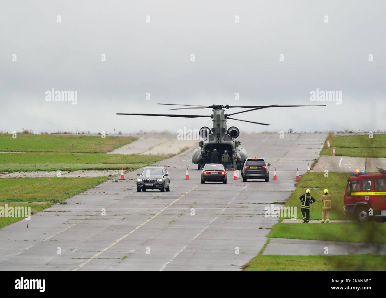Home Secretary Suella Braverman arrives in a Chinook helicopter for a ...