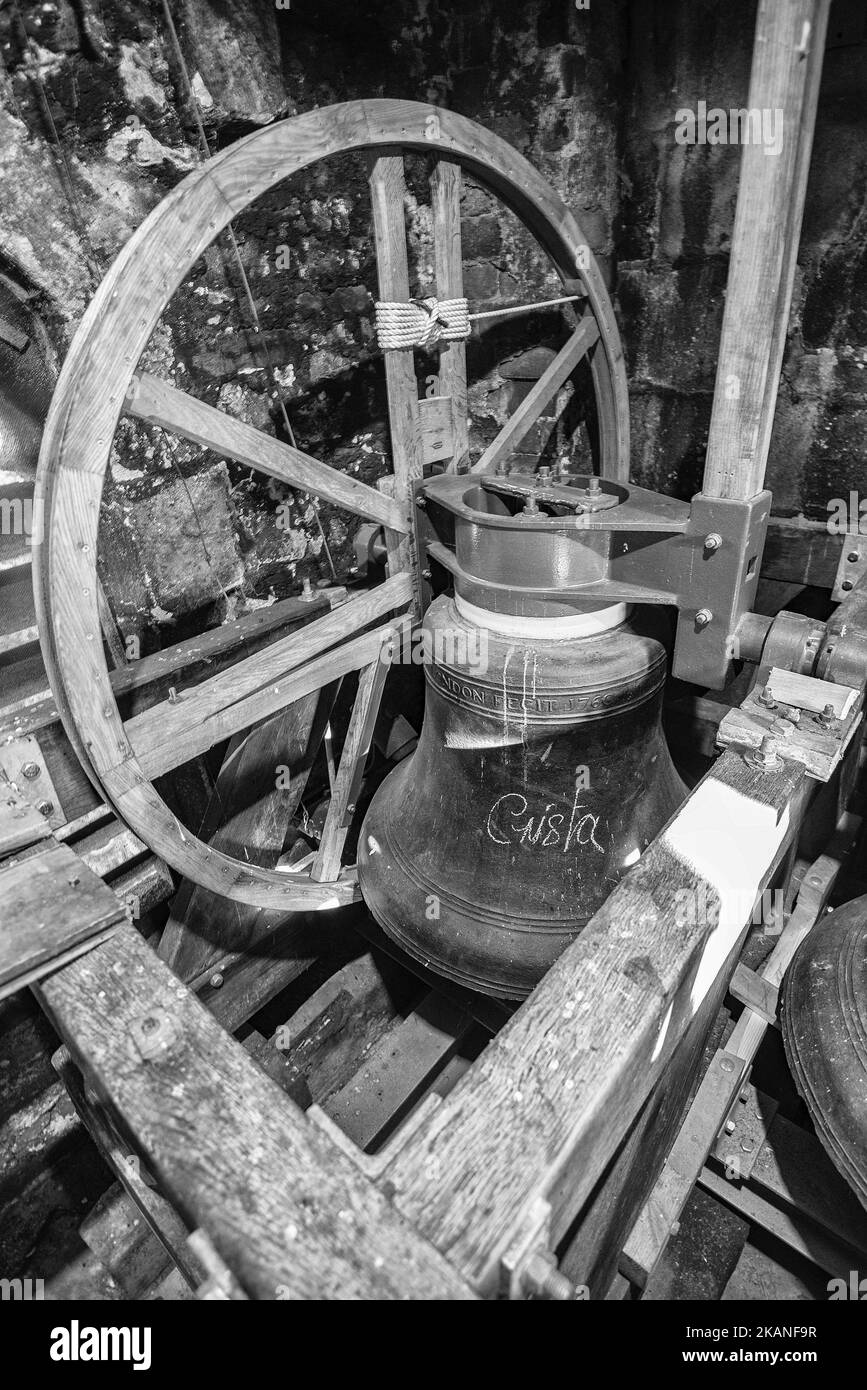 Bell-wheels & church bells in the bell tower at St Marys church in Long ...