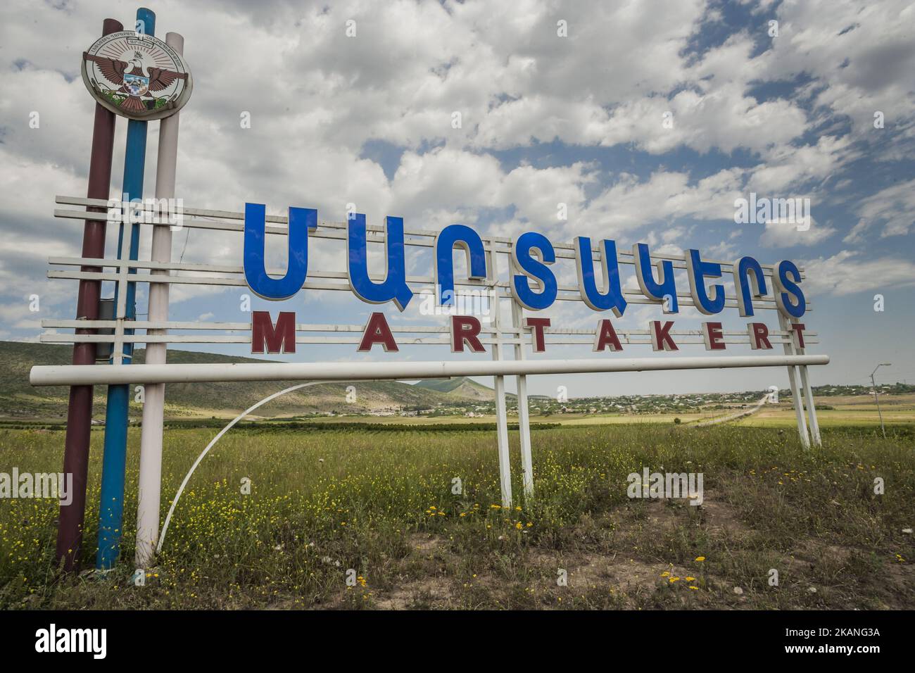 Entrance signal to the city of Martakert, close to the frontline with ...