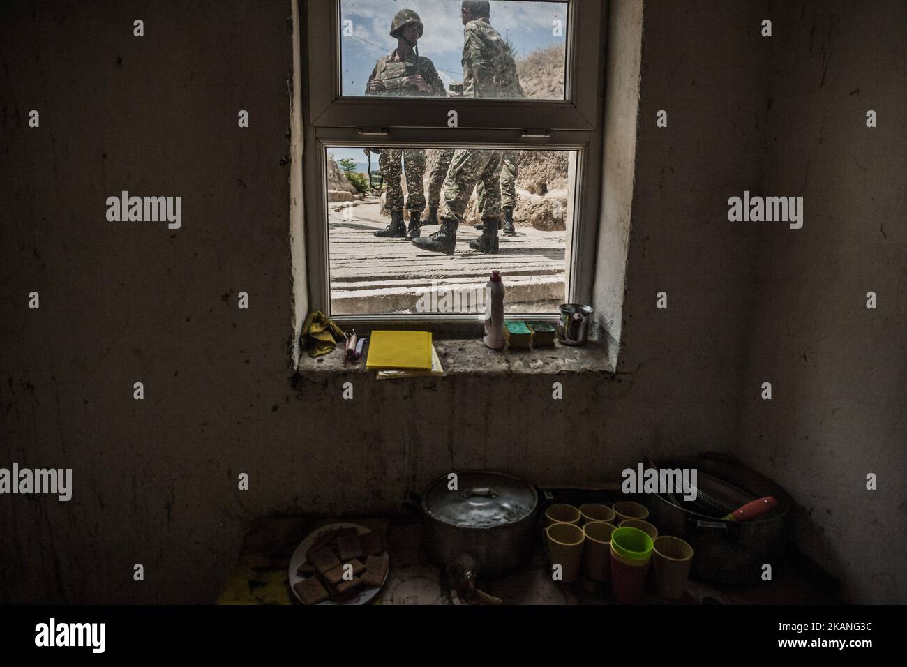 Improvised kitchen in the trenches of Nagorno Karabakh army close to ...
