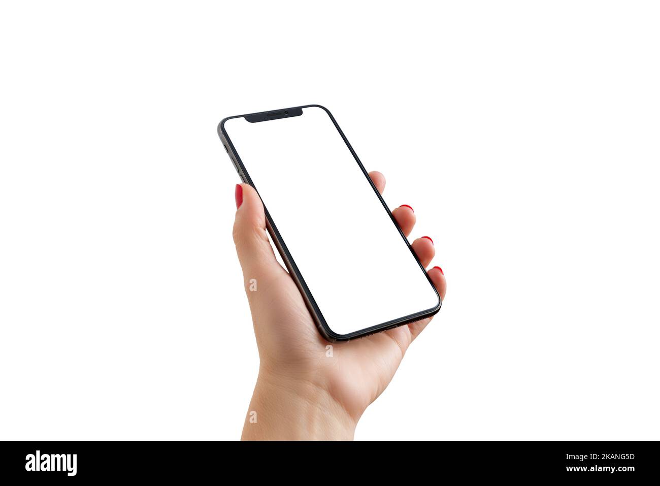 Smartphone with notch in woman hand close-up. Isolated screen and ...