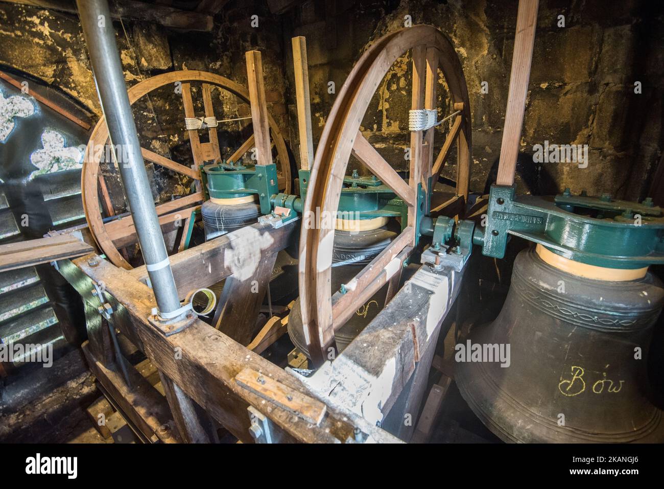 Bell-wheels & church bells in the bell tower at St Marys church in Long ...