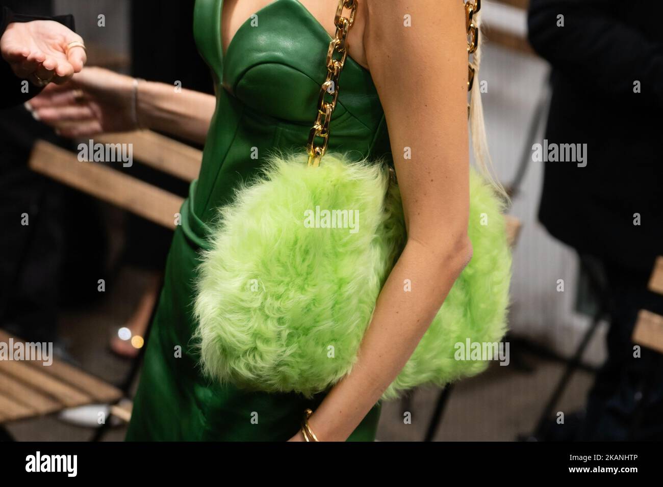 Milan, Italy - September, 24, 2022: woman wears faux fur green lime ...