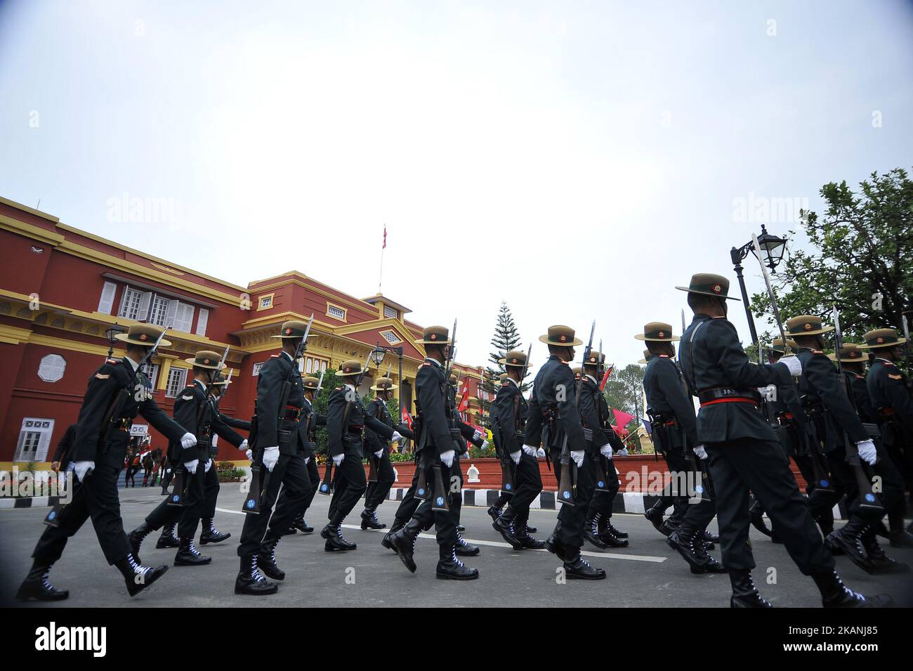 Nepalese army personnel parade around the Sheetal Niwas, Kathmandu ...