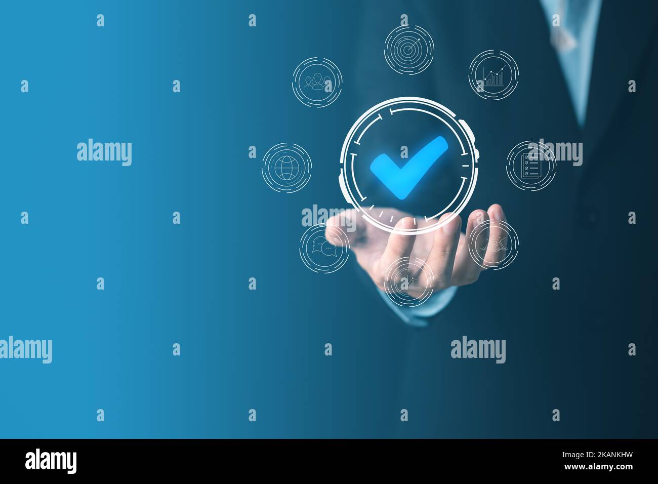 Businessman with sign of the top service and correct. ISO certification ...