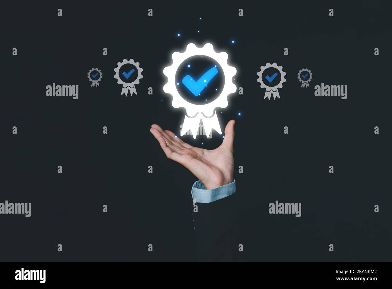 Businessman with sign of the top service and correct. ISO certification ...