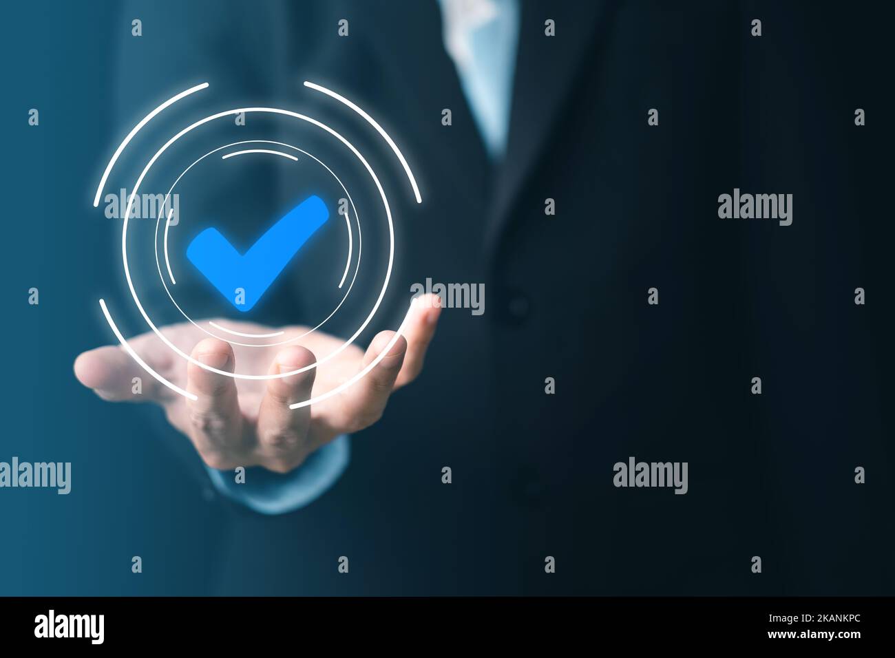 Businessman with sign of the top service and correct. ISO certification ...