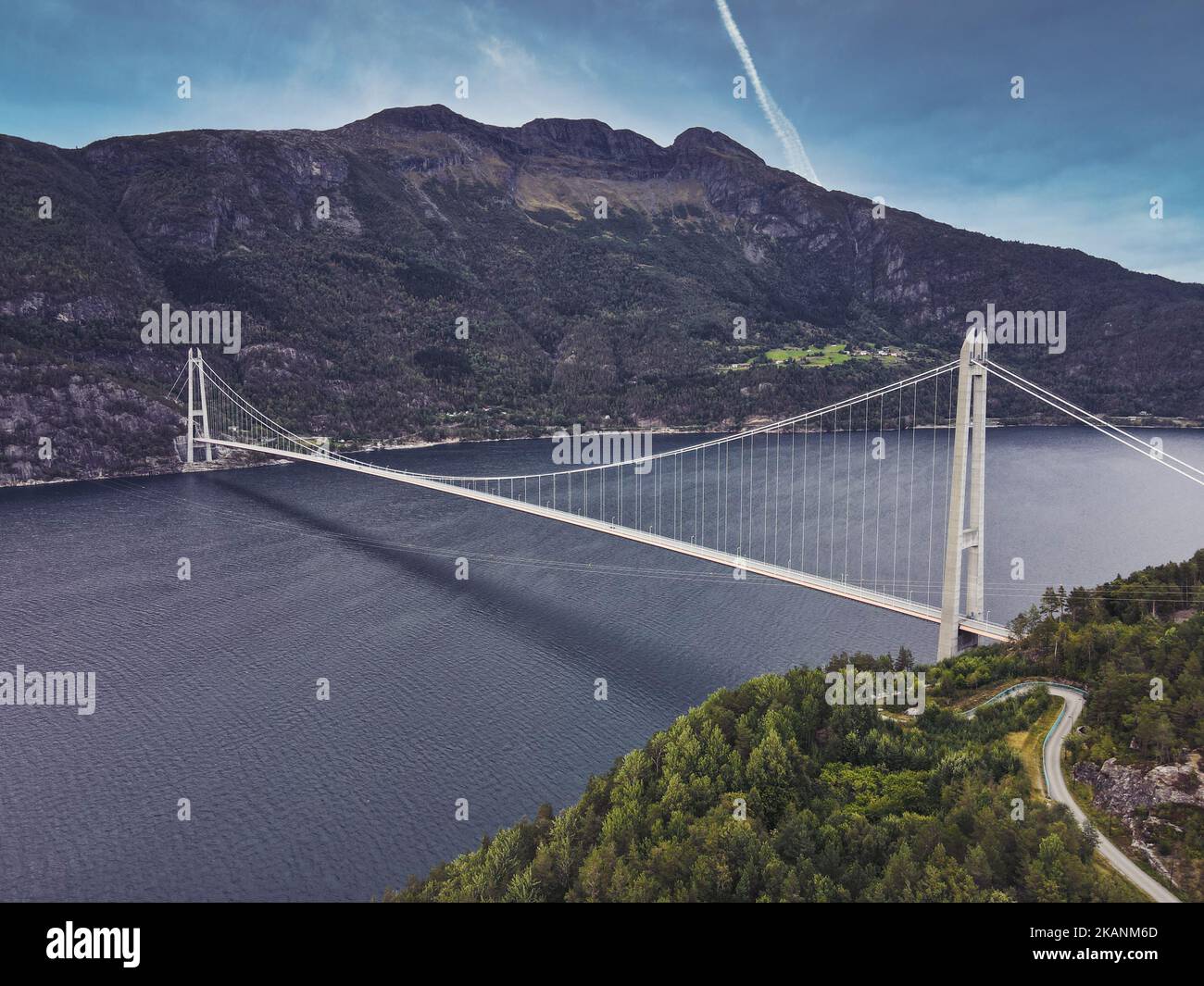 The Hardanger Bridge with scenic mountains and a seascape below Stock ...