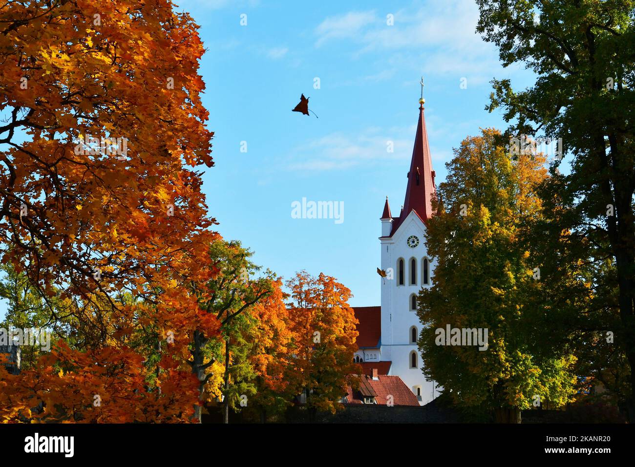 The Saint John church in Cesis, Latvia captured surrounded by autumn ...