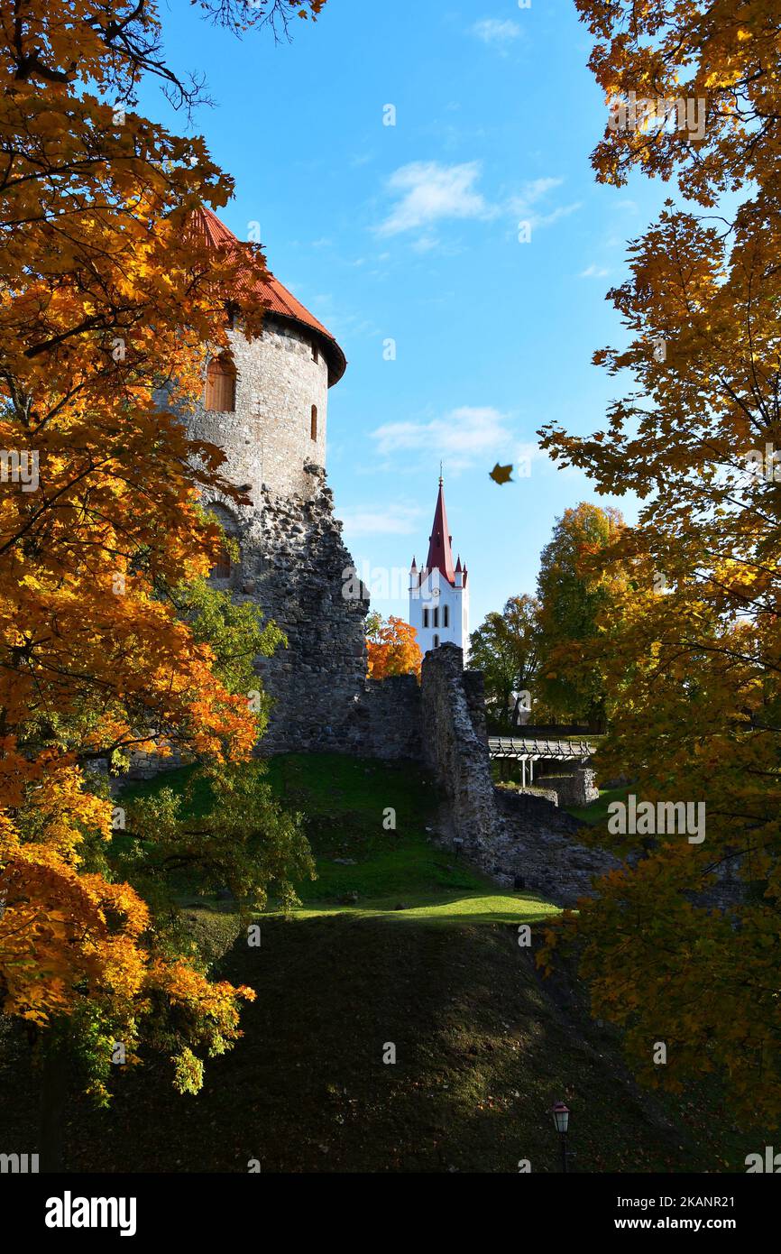 A vertical of the Cesis castle and St John church in Latvia surrounded ...