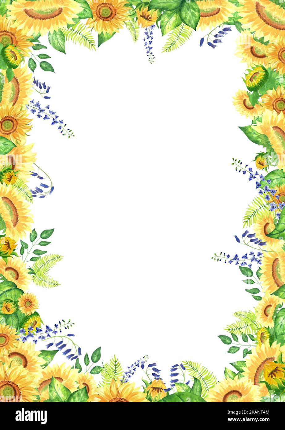 Hand-painted watercolor frame of sunflowers, bluebells and delphinium ...