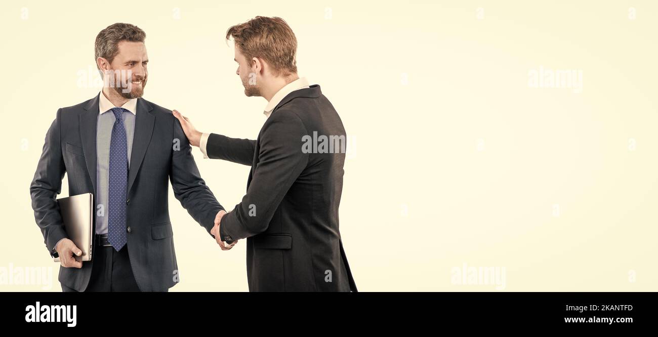 Man face portrait, banner with copy space. handshake of colleagues ...