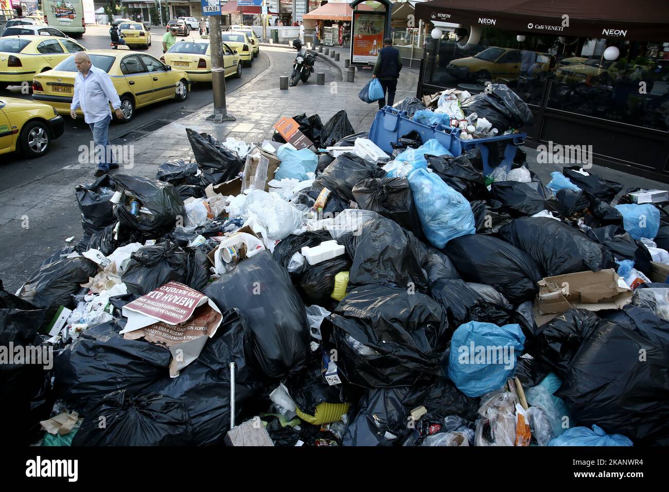 Garbage at Omonia square, down town Athens on June 23, 2017. Piles of ...