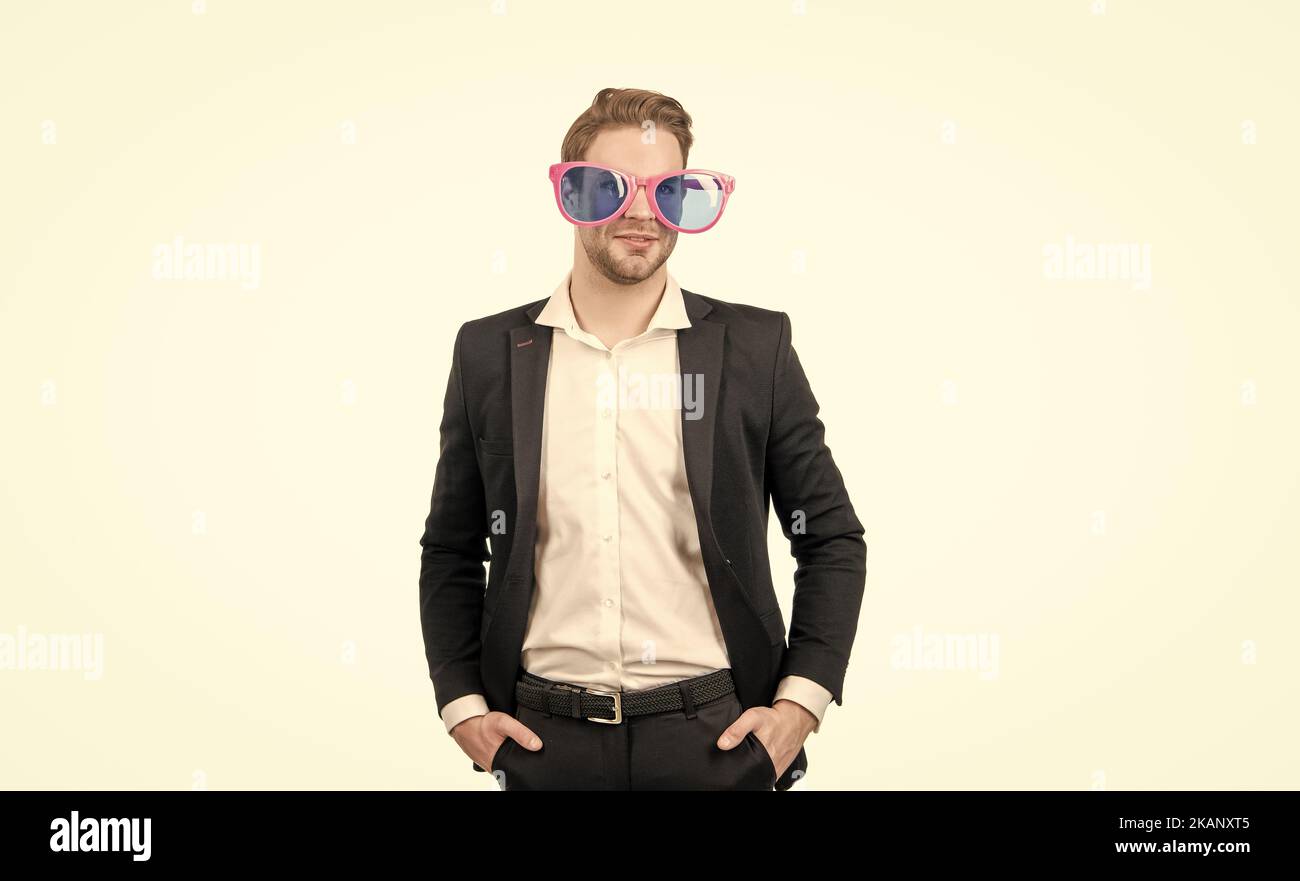 Professional man employee smile in formal suit and funny glasses ...