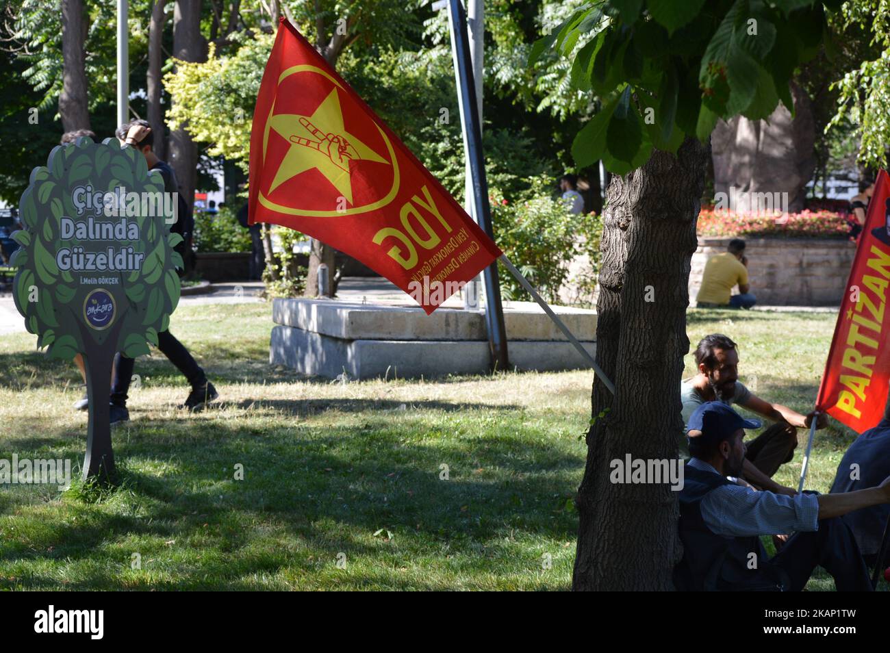 A flag is seen during a march to the 24th anniversary of the Sivas ...