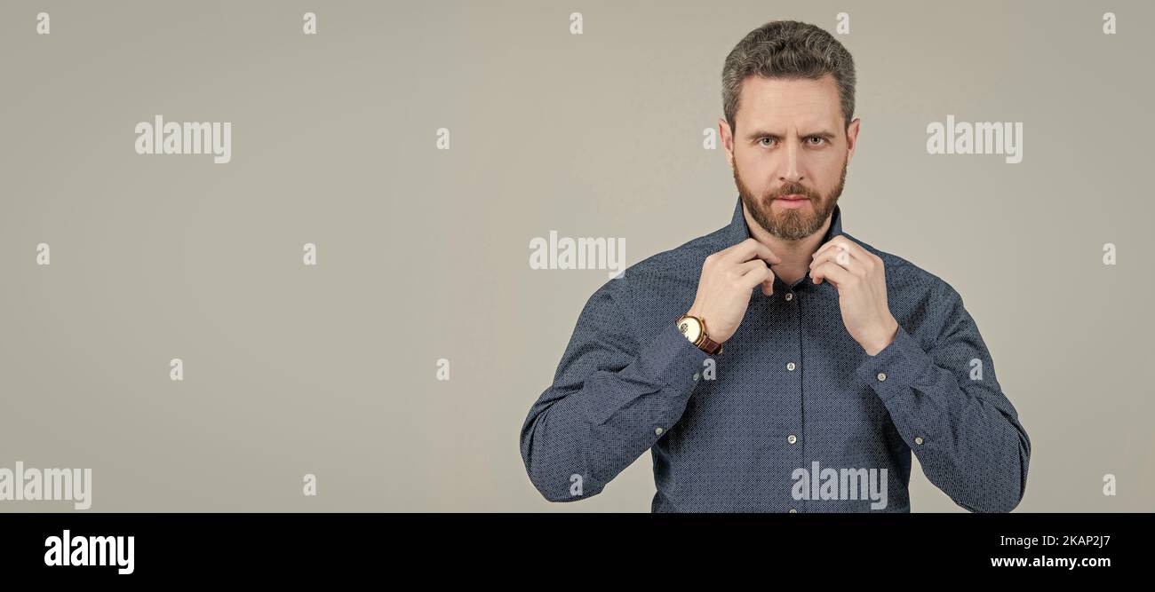 Unshaven man button casual shirt grey background, informal. Man face ...