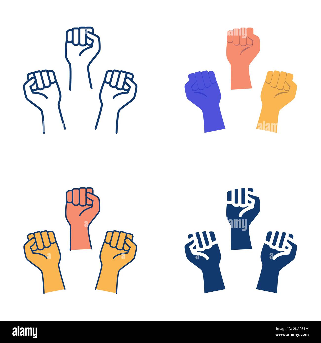 Protest icon set in flat and line style. Raised hands with clenched ...