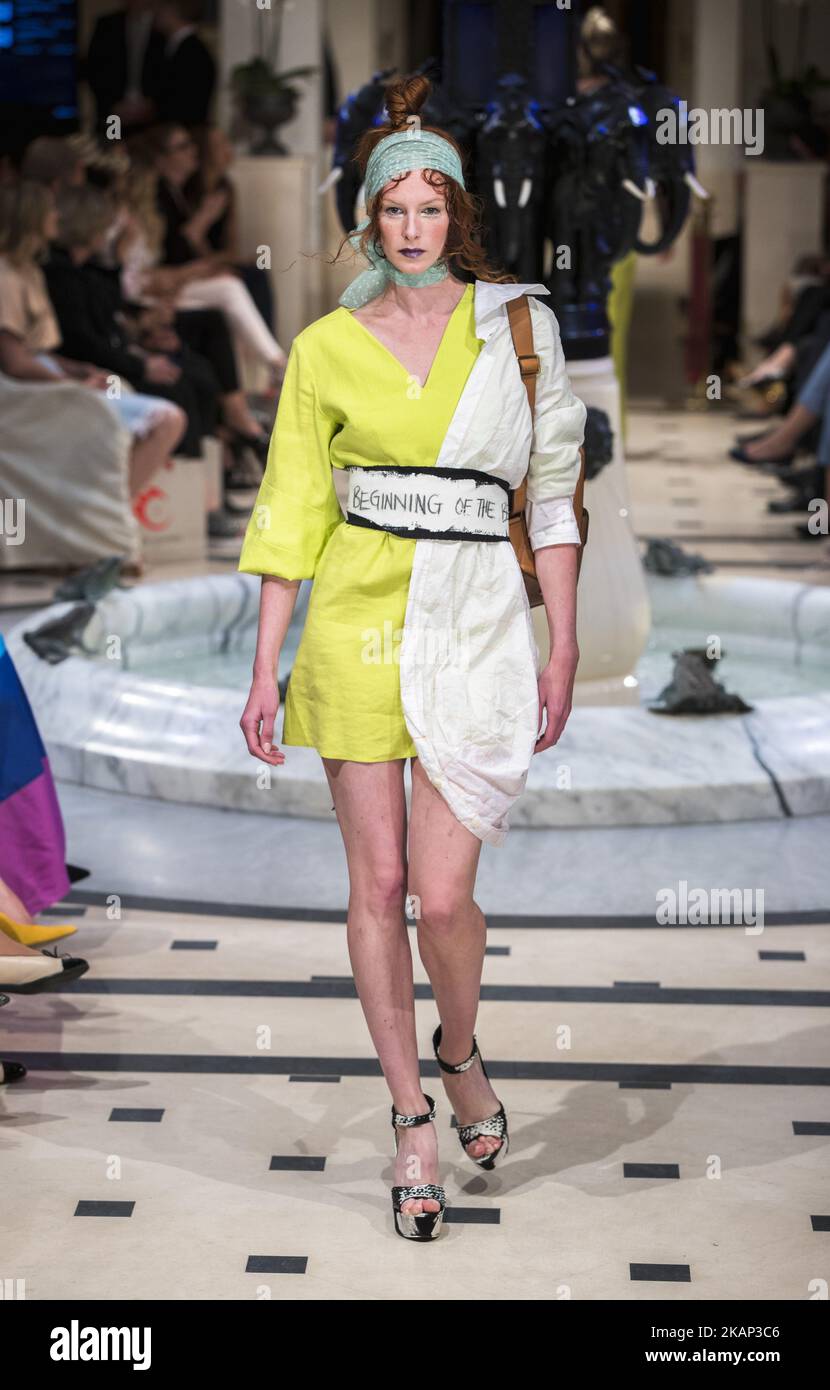 A model runs the runway at Anja Gockel fashion show during Mercedes ...