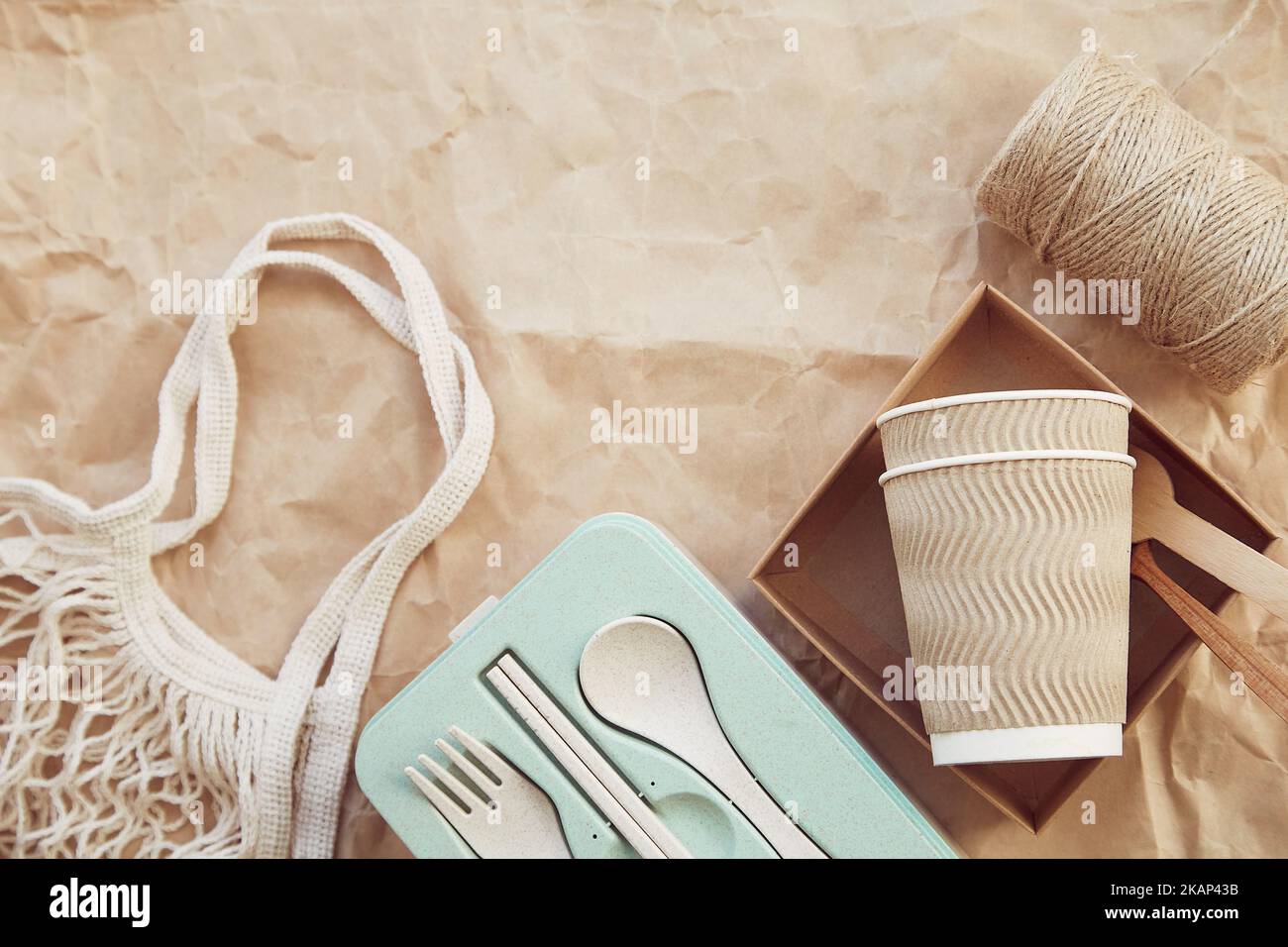 Zero waste, plastic free, sustainable tableware cutlery, cardboard cups ...